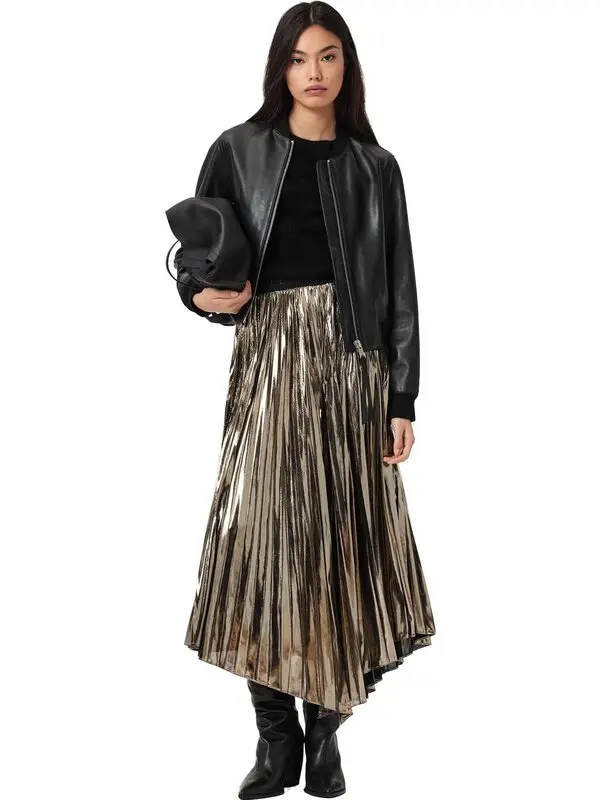 ALLSAINTS Jax Pleated Midi Skirt - Metallic Gold