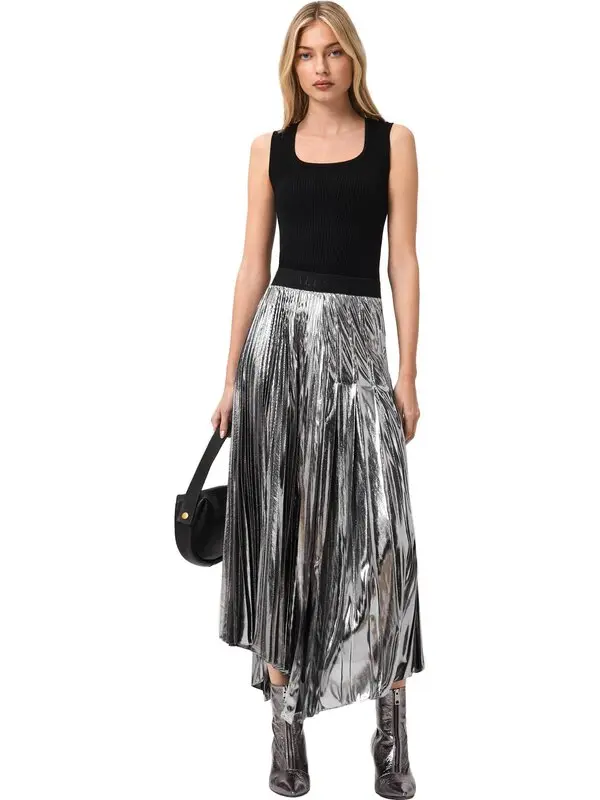 ALLSAINTS Jax Pleated Midi Skirt - Silver