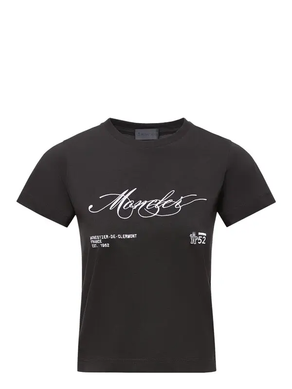 Moncler Embroidered Cursive Logo Cotton T-shirt - Black