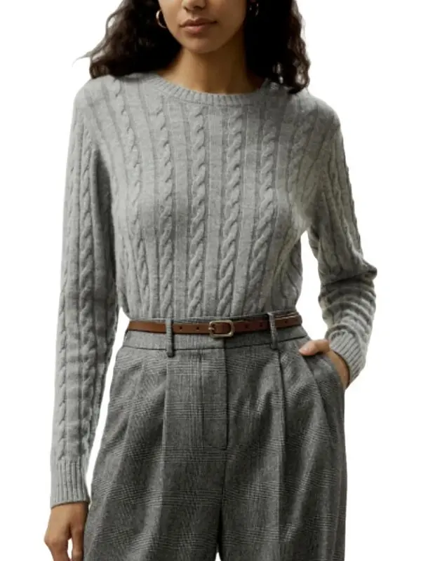 Lilysilk Cable Knit Crewneck Sweater - Grey