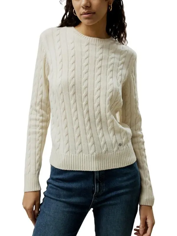 Lilysilk Cable Knit Crewneck Sweater - White