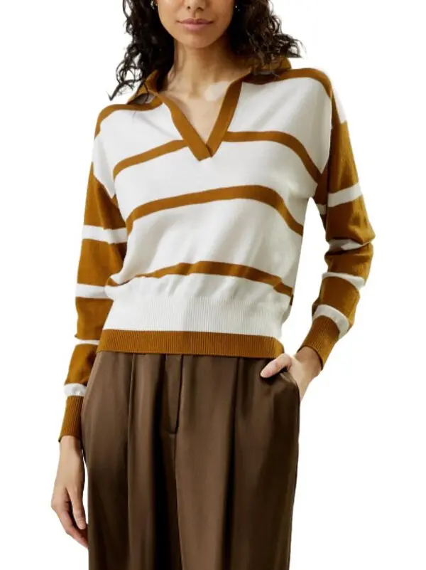 Lilysilk Merino Wool Striped Polo Sweater - Toffee White Stripes