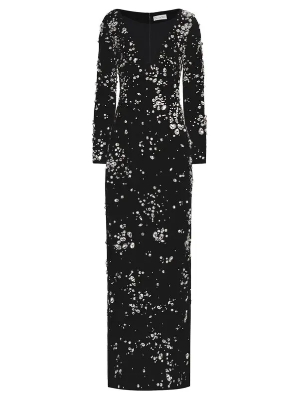 Oscar De La Renta Crystal Cluster Embroidered Velvet Gown - Black