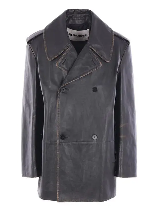 JIL SANDER Double-breasted Leather Trench Coat - Black