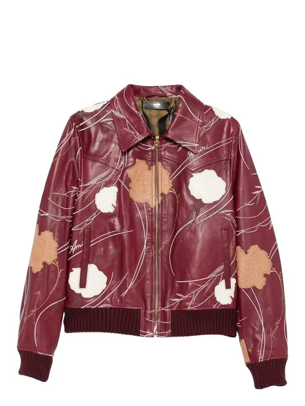Amiri Floral Embroidered Leather Jacket - Red