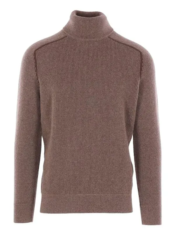 Zegna Ribbed Cashmere Turtleneck - Medium Brown Patterned