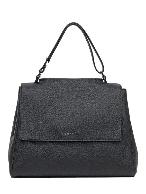 ORTIGNI Grained Leather Bag With Flap And Top Handle - Black