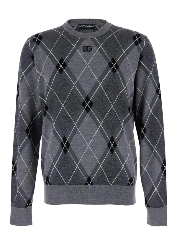 Dolce & Gabbana Crew Neck Sweater With Diamond Pattern - Grey