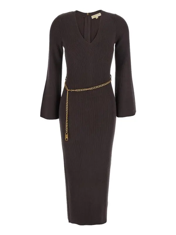 Michael Kors Wool-blend Stretch Dress With Chain Belt - Brown