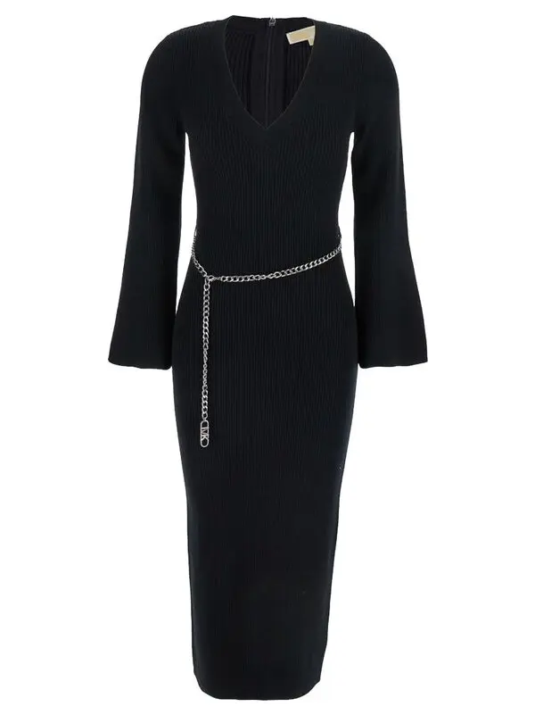 Michael Kors Wool Blend Stretch Dress With Chain Belt - Black
