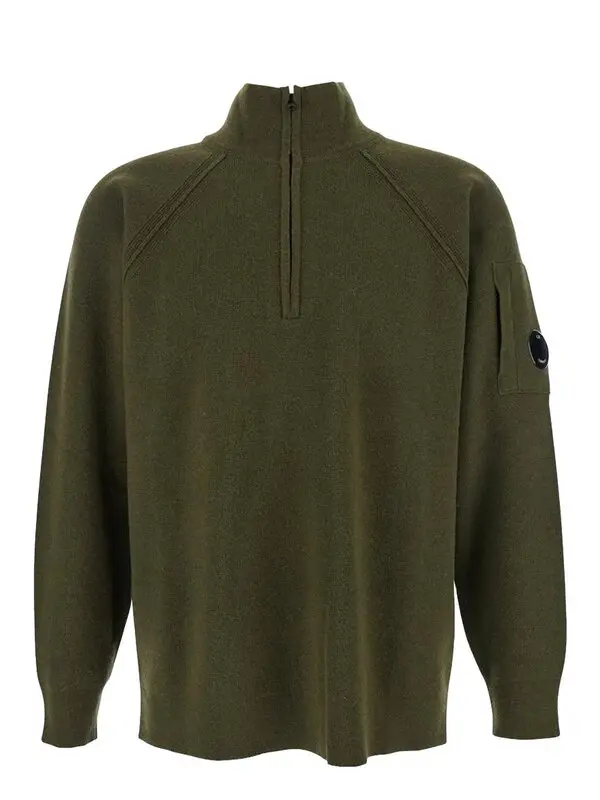 C.P. COMPANY Turtleneck Wool Sweater With Sleeve Logo - Green