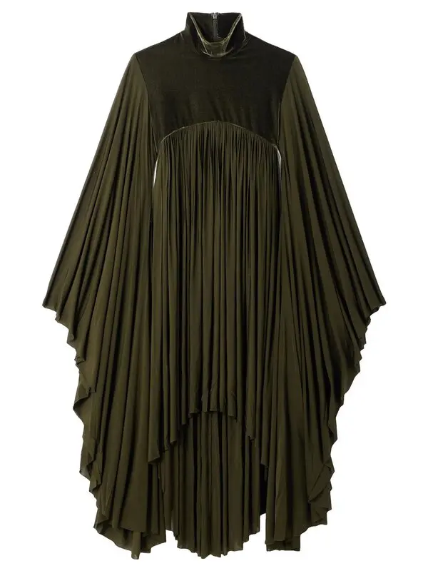 Zimmermann Cape-effect Velvet-trimmed Gathered Jersey Dress - Green