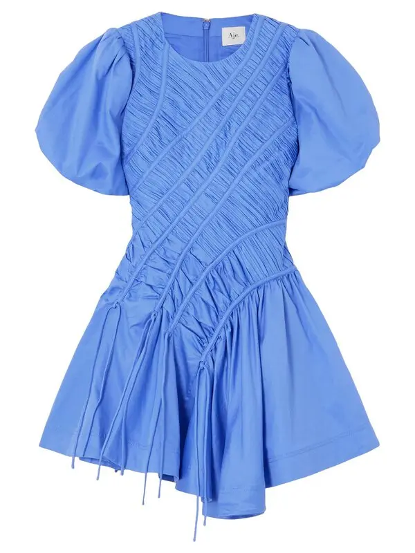 Aje Wisteria Asymmetric Ruched Cotton-poplin Mini Dress - Blue