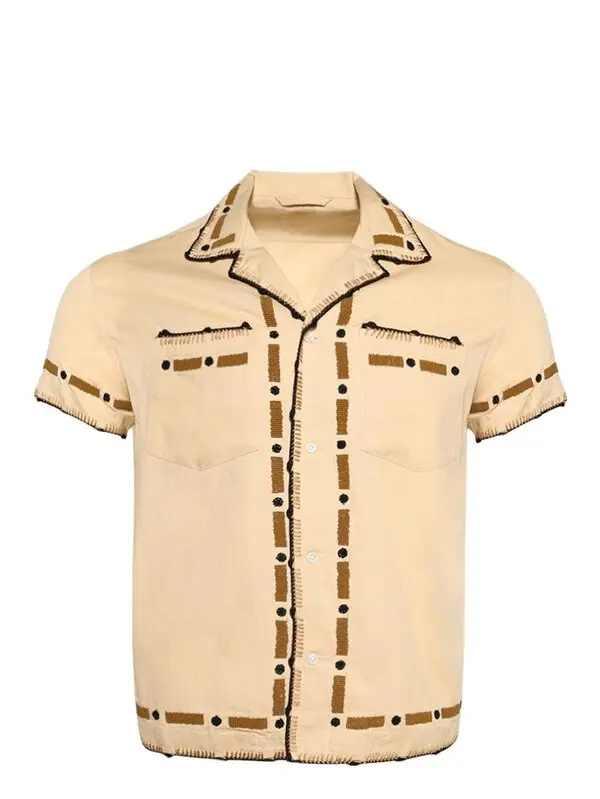 BODE Beaded Ryegrass Short Sleeve Shirt Tan - Brown