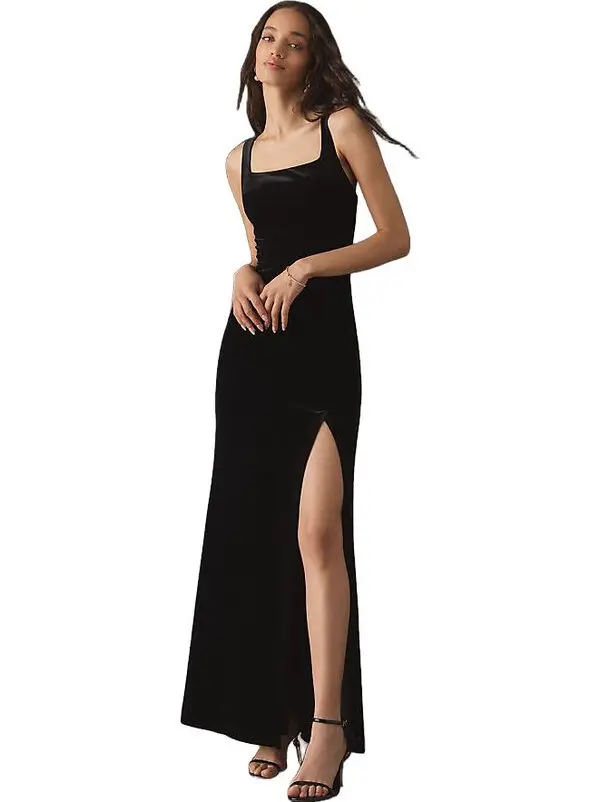 Bhldn Blake Square-neck Stretch Velvet Maxi Dress - Black