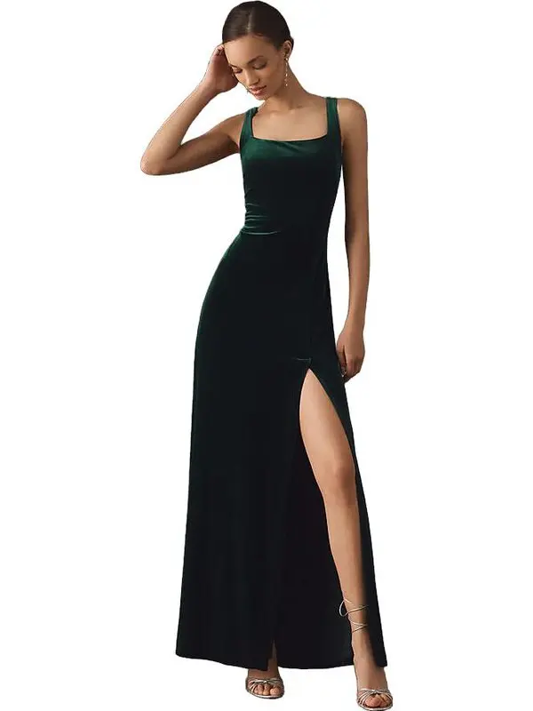 Bhldn Blake Square-neck Stretch Velvet Maxi Dress - Emerald Green