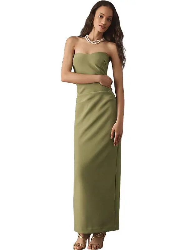 Bhldn Pippa Strapless Sweetheart Crepe Column Maxi Dress - Olive Green