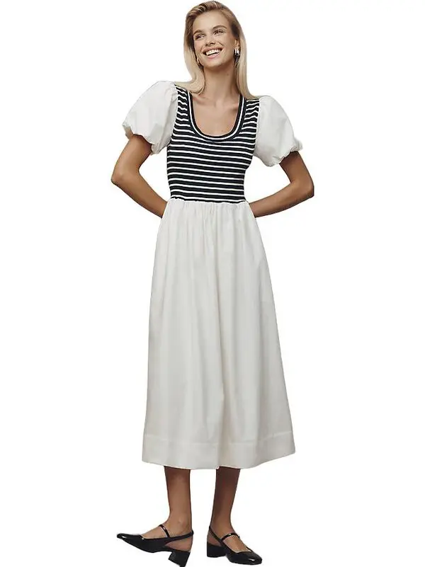 Maeve Puff-sleeve Striped Midi Dress - Black & White Pattern