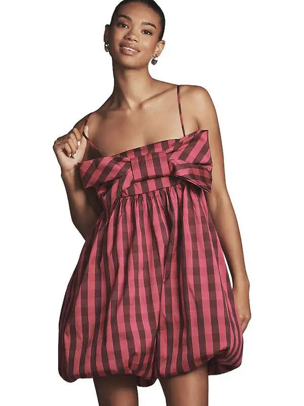 Maeve Bow Bubble Fit & Flare Mini Dress - Pink/burgundy Plaid