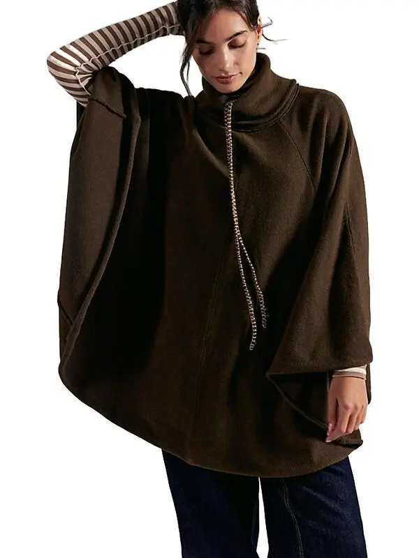 Free People Knitted Poncho With Drawstring - Brown