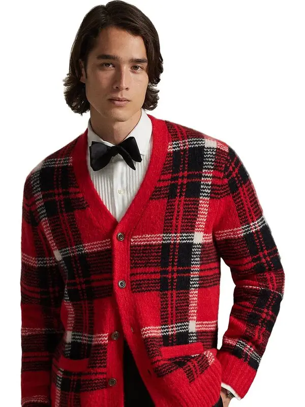 Ralph Lauren Plaid Wool-blend Cardigan With Suede Patches - Red Combo