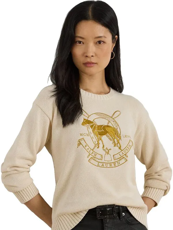 Ralph Lauren Embroidered Crewneck Cotton Sweater - Mascarpone Cream