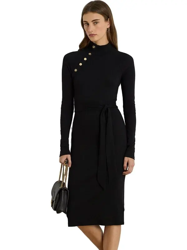 Ralph Lauren Button-trim Rib-knit Mockneck Dress - Black