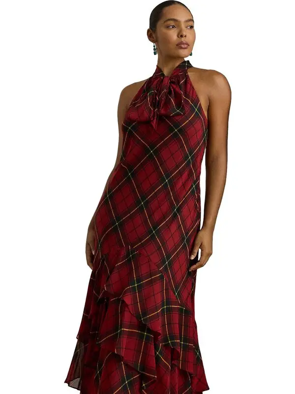 Ralph Lauren Plaid Georgette Tiered Tie-neck Gown - Black/red