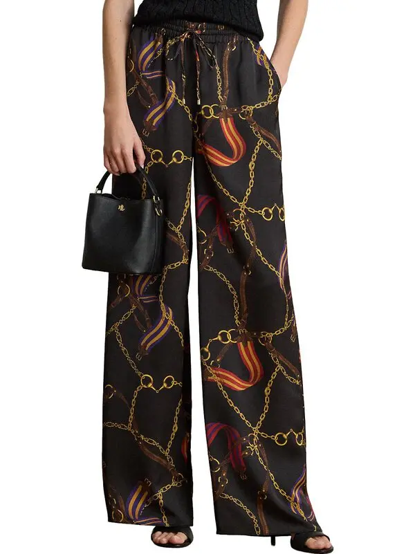 Ralph Lauren Belting-print Charmeuse Wide-leg Pant - Black Multi