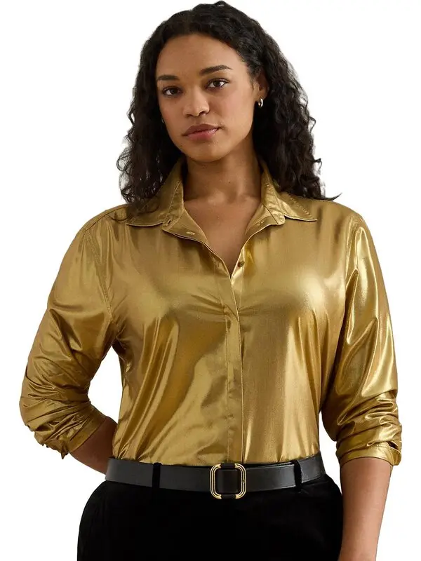 Ralph Lauren Classic Fit Metallic Chiffon Shirt - Relic Gold/gold Foil