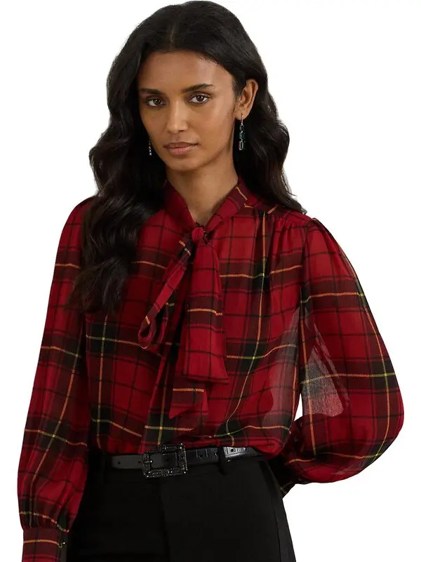 Ralph Lauren Checked Plaid Georgette Tie-neck Blouse - Black/red