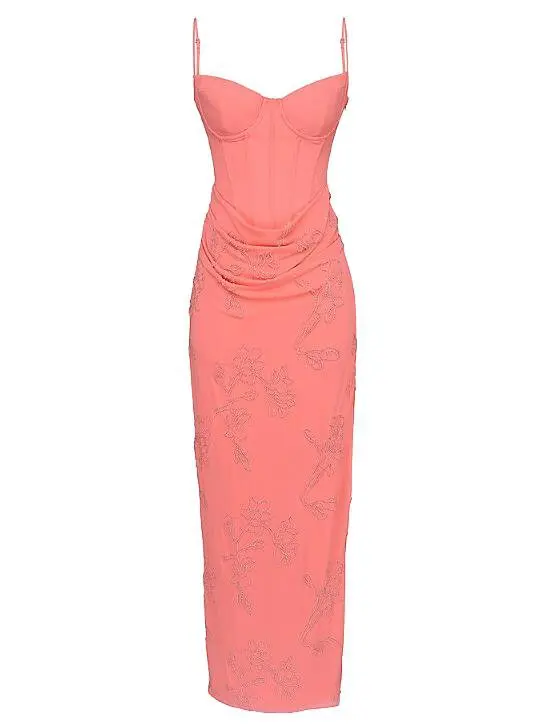 House Of Cb Floral-embellished Woven Maxi Dress - Coral