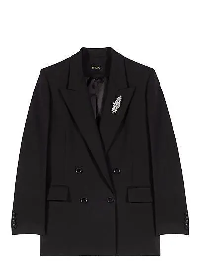 Maje Stretch Wool-blend Double-breasted Blazer With Removable Brooch - Black