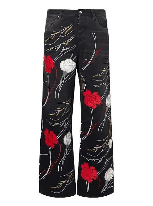 Amiri Floral-embroidered Baggy Jeans - Dusk Black