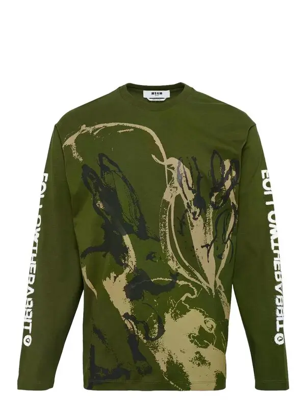 MSGM Graphic-print Long-sleeve Cotton T-shirt - Green
