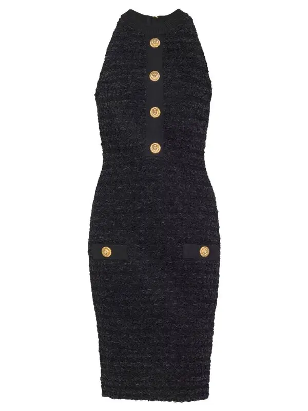 Balmain Buttoned-pocket Tweed Mini Dress - Black