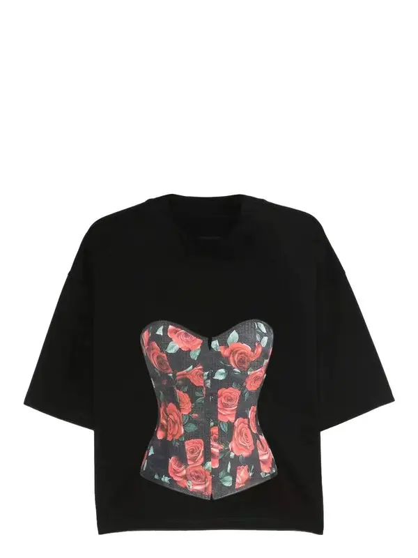 HAMZA Rose-print Corset T-shirt - Black