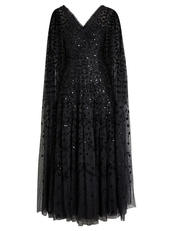NEEDLE & THREAD Clover Cape-effect Tulle Gown - Black
