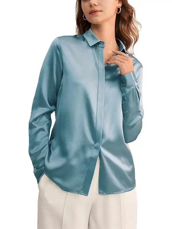Lilysilk Basic Concealed Placket Silk Shirt - Blue Haze