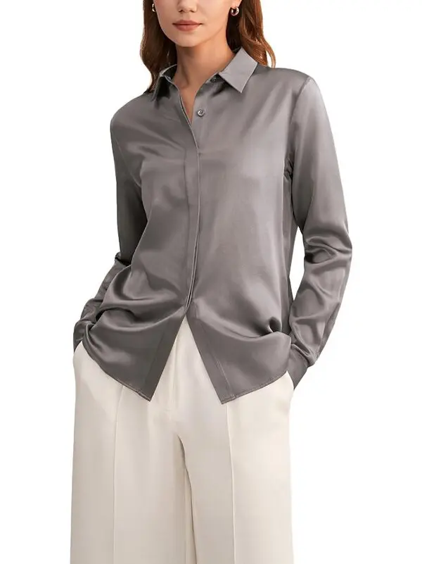 Lilysilk Basic Concealed Placket Silk Shirt - Dark Gray