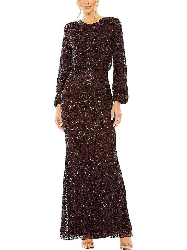 Mac Duggal High Neck Long Sleeve Beaded Blouson Gown - Blackberry