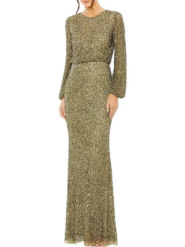 Mac Duggal High Neck Long Sleeve Blouson Gown - Olive