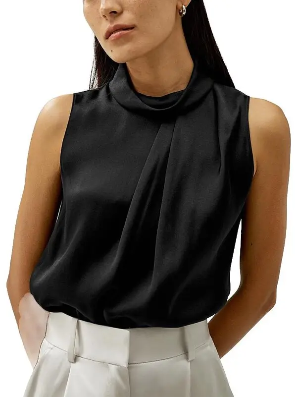 Lilysilk Asymmetrical Sleeveless Cowl Neck Top - Black