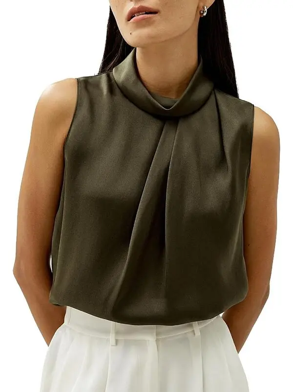 Lilysilk Asymmetrical Sleeveless Cowl Neck Top - Dark Olive