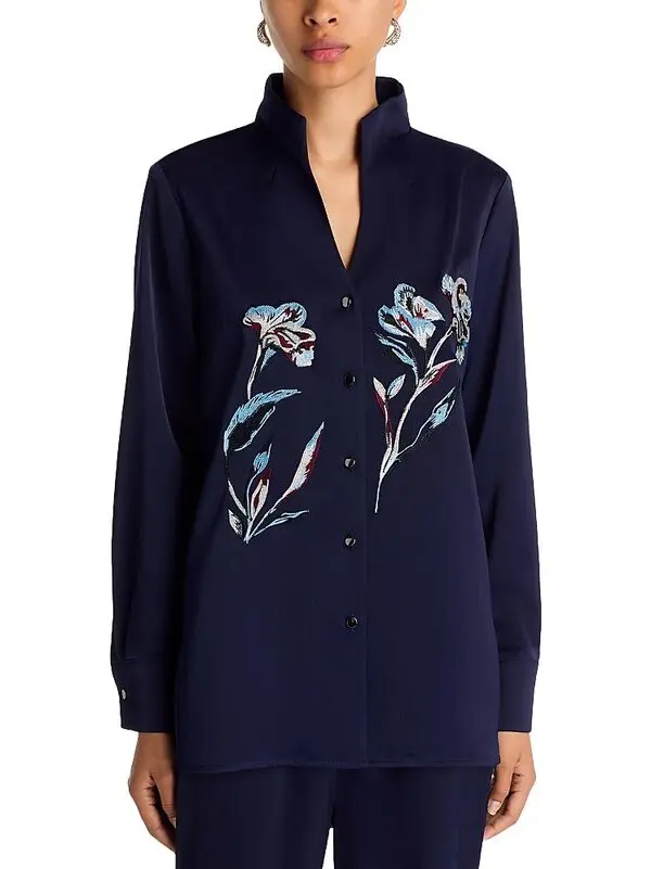 Misook Split Collar Embroidered Blouse - Lazuli Blue/multi