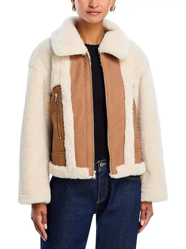 Aqua Faux Fur Sherpa Moto Jacket - Camel Beige