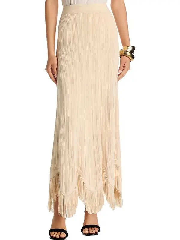 Misook Fringe Hem Ribbed Knit Maxi Skirt - Pearl