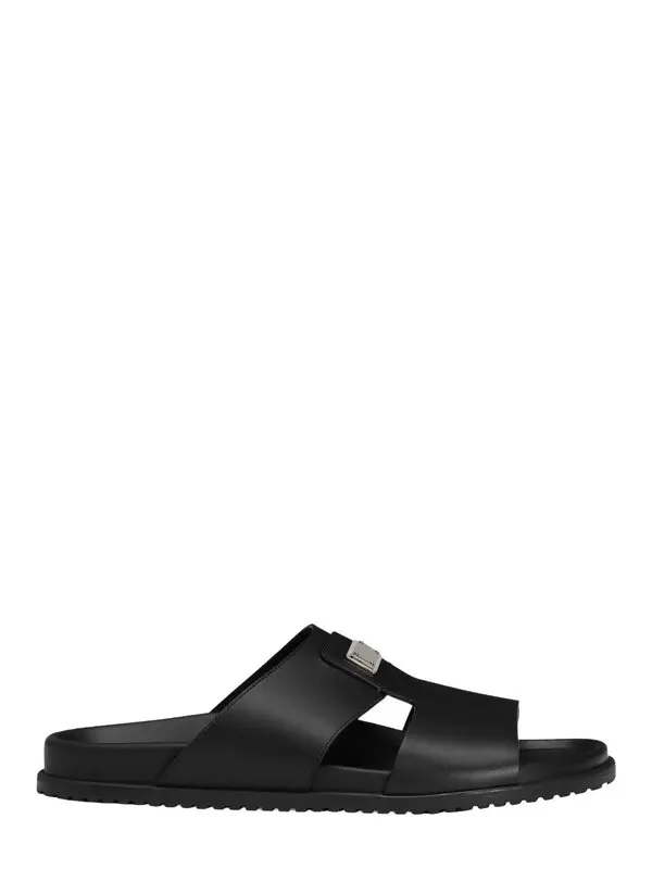 Dolce & Gabbana Leather Sandal With Logo - Black