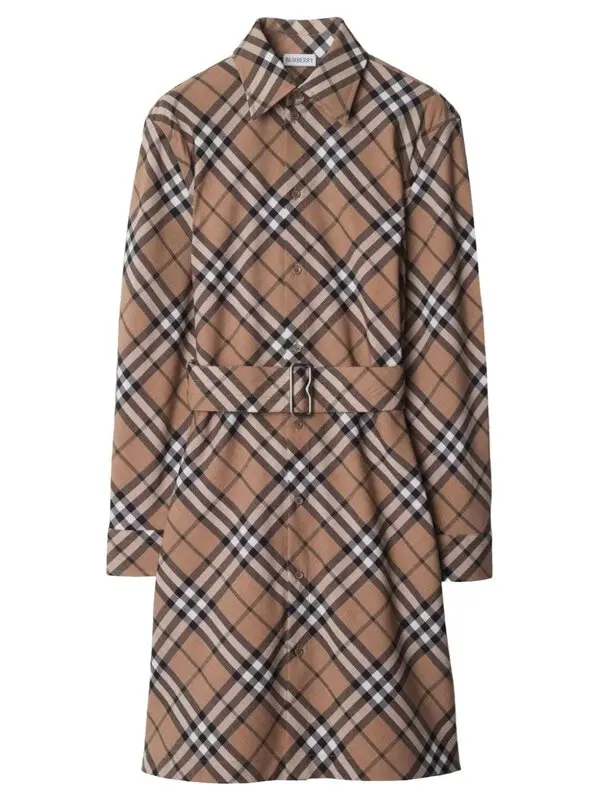 Burberry Check Wool Blend Chemisier Dress - Beige