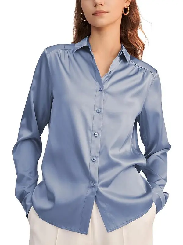 Lilysilk Long Sleeve Collared Silk Blouse - Azure